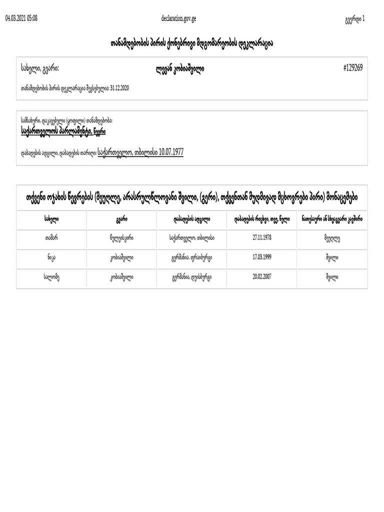 Levan Kobiashvili Deklaracia 05.01.2021 | PDF
