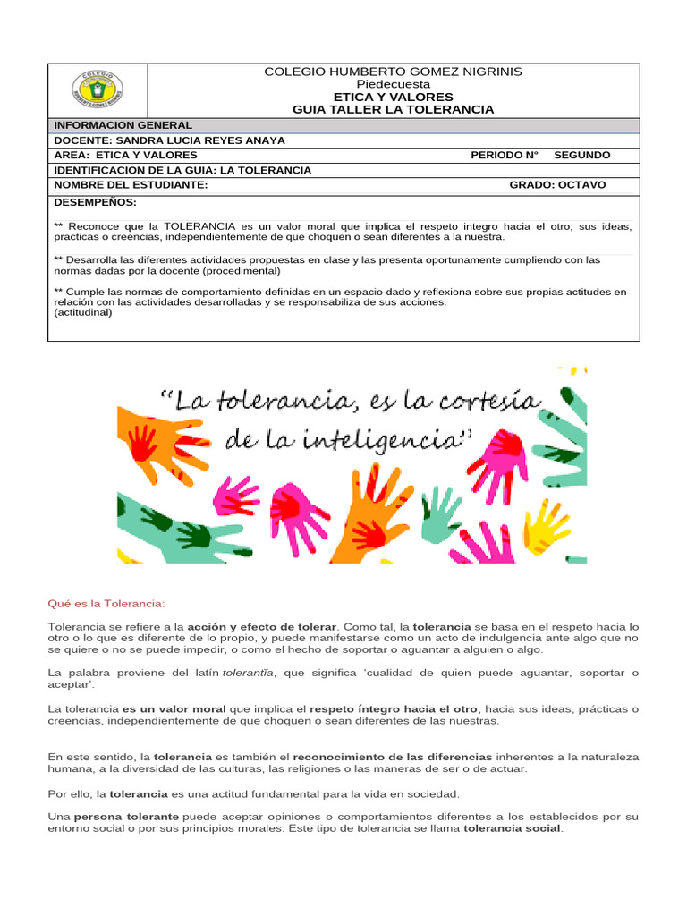 Guía Taller La Tolerancia OCTAVO 2025 | PDF | Tolerancia | Moralidad