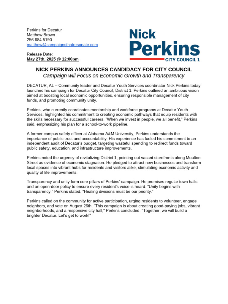 Nick Perkins Announces Candidacy for City Council | PDF