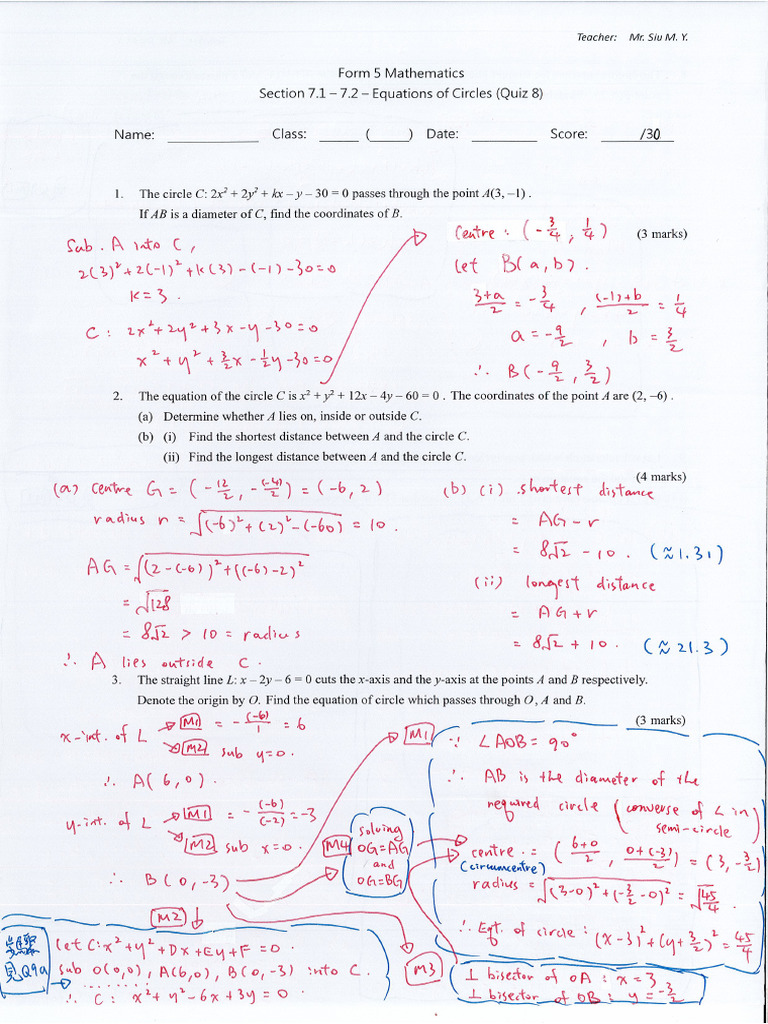 Form 5 Maths - Quiz 8 Section 7.1 - 7.2 (Solution) | PDF