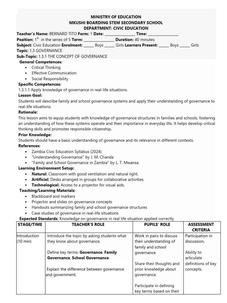 GOVERNANCE CIVIC EDUCATION FORM 1 LESSON PLANS | PDF | Governance ...
