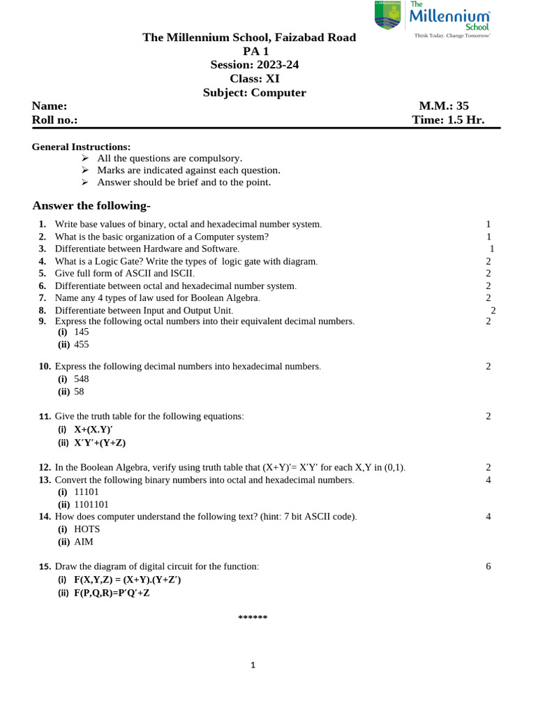 Comp Grade 11 PA1 2023-24 | PDF | Computer Engineering | Arithmetic