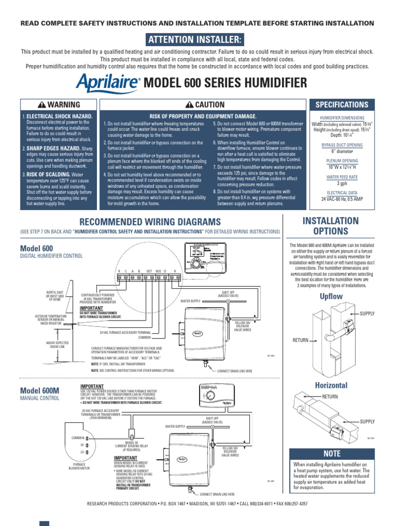 Aprilaire 600 Series Installation Instructions 01.08 | PDF | Duct (Flow ...