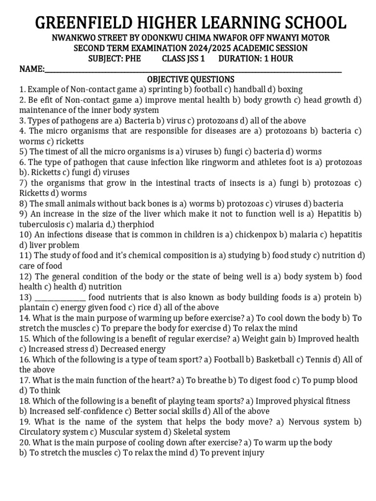 2nd Term Jss1 PHE EXAM-WPS Office | PDF | Skeletal Muscle | Muscle