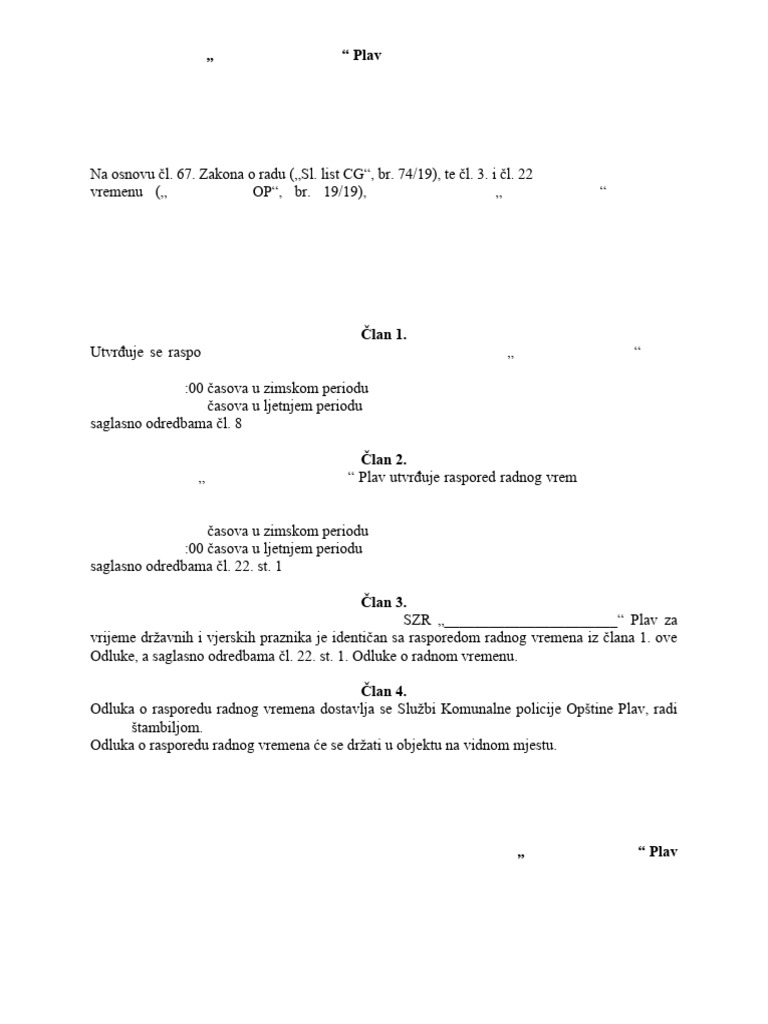 Odluka o Radnom Vremenu Obrazac Za Zanat | PDF