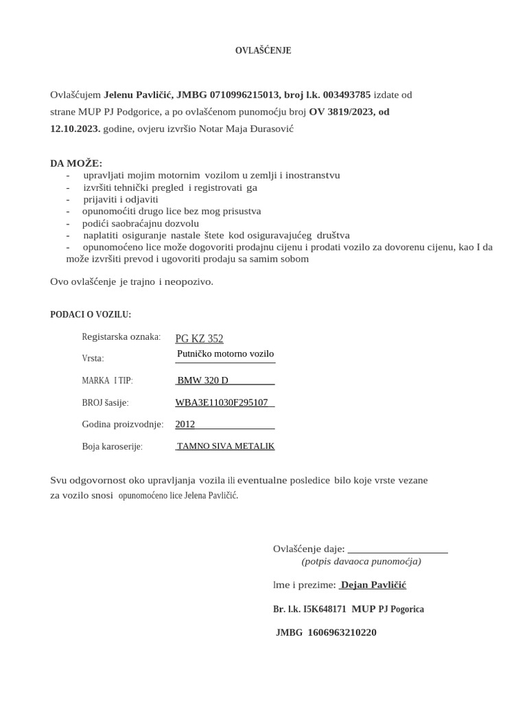 Ovlascenje Raspolaganja Tudjim Vozilom | PDF