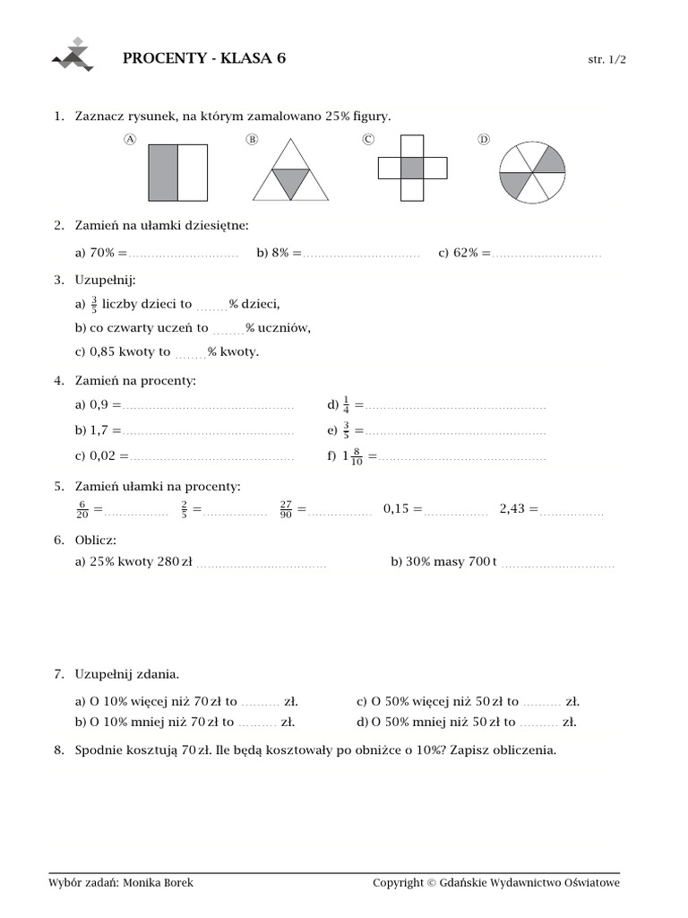 Karta Pracy Klasa 6 - Procenty (1,2,3,5,7... ) | PDF
