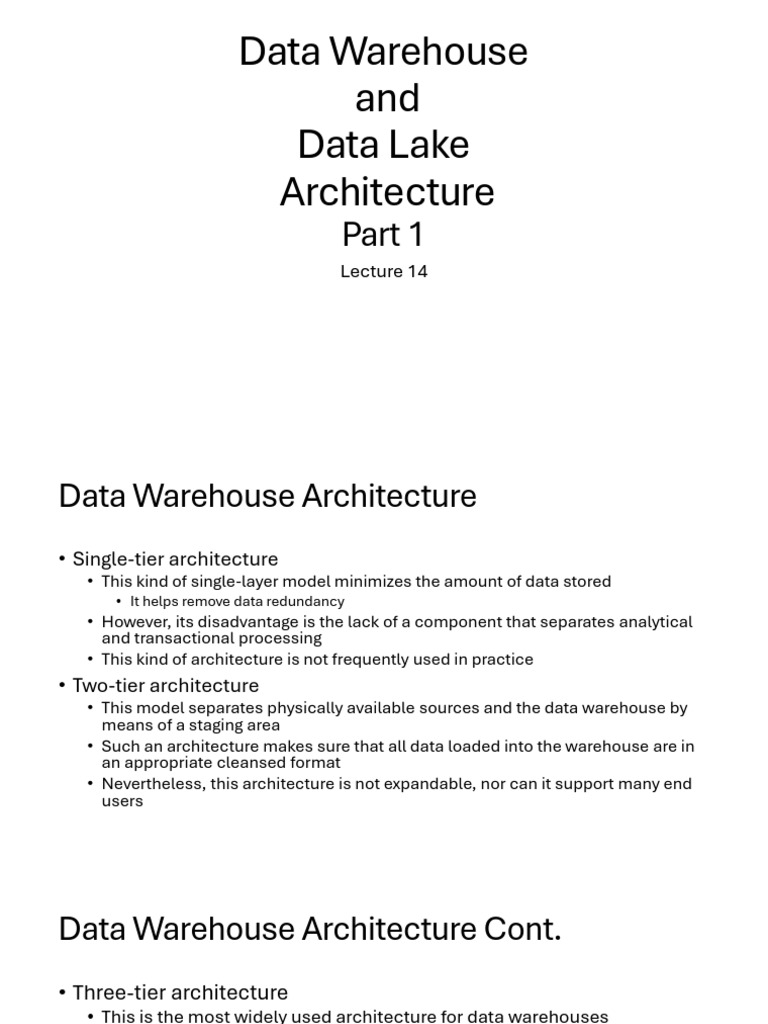 Lecture 14 Data Warehouse and Data Lake Architecture Part 1 (1) | PDF | Data Warehouse | Databases