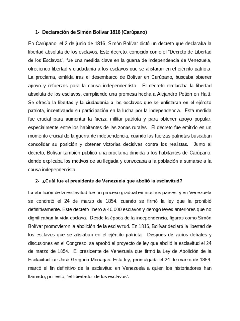 Declaración de Simón Bolívar 1816 | PDF | Abolicionismo | Esclavitud