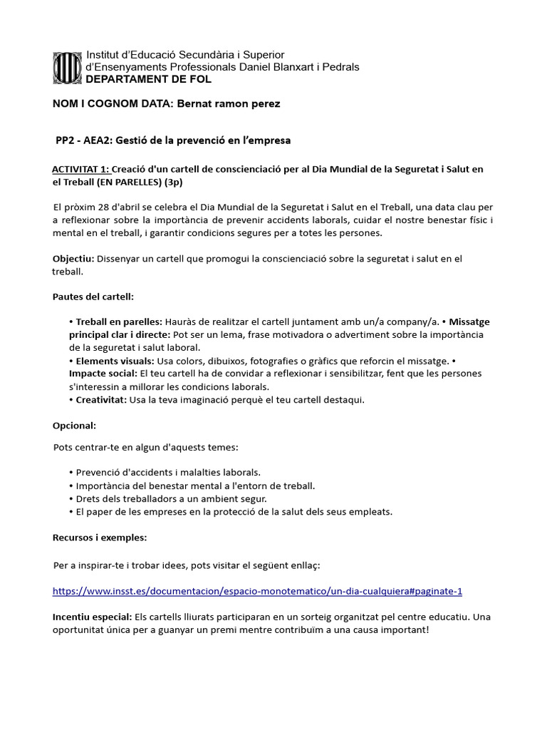 PP2 .AEA2 - Gestió de La Prevenció A L'empresa | PDF