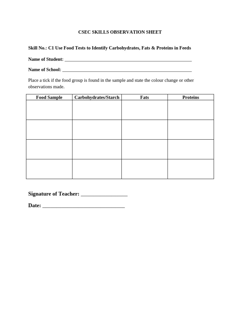 Food Test Observation Sheet | PDF