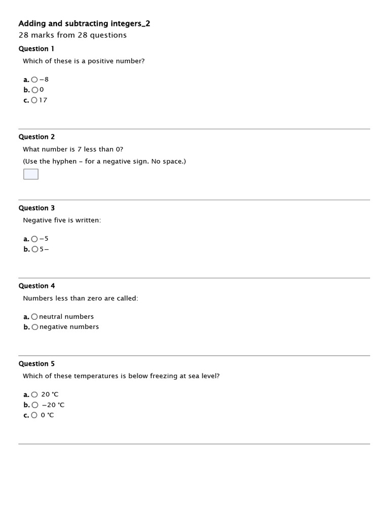 Adding and Subtracting Integers Quiz | PDF | Subtraction | Mathematics