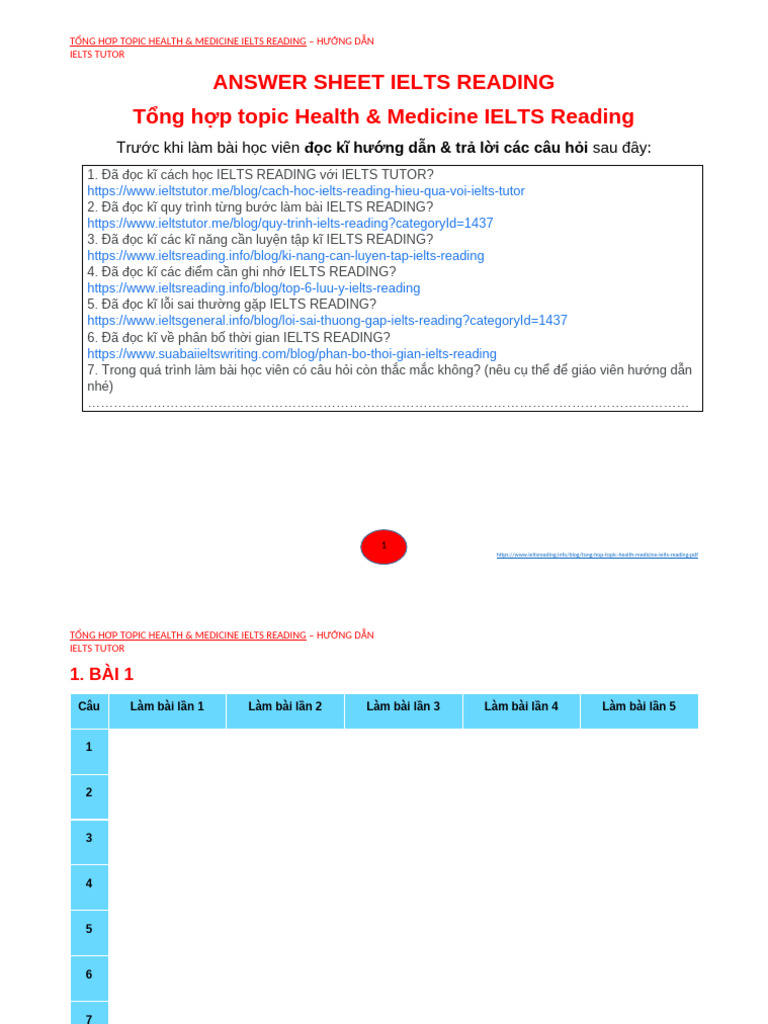 Answer Sheet Topic Health & Medicine Ielts Reading | PDF