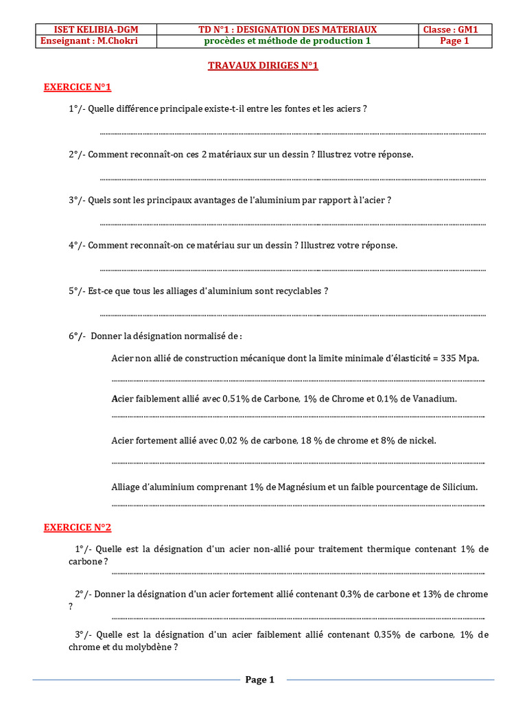 TD 1 Designation Des Materiaux | PDF