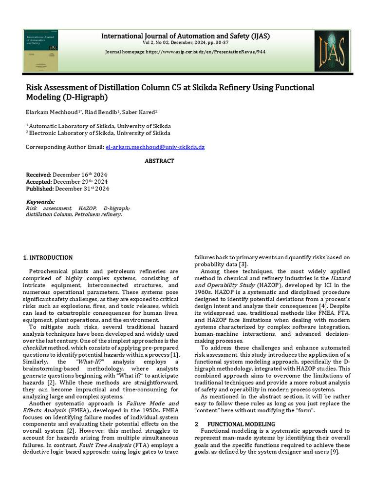 Risk Assessment of Distillation Column c5 at Skikda Refinery Using Functional Modeling (D ...