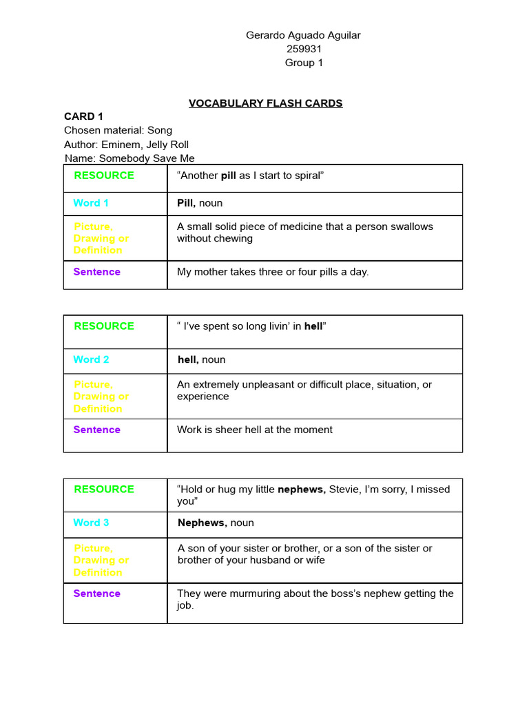 Vocabulary Flash Cards | PDF