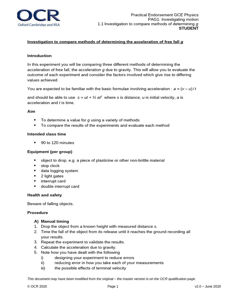 01 1 Physics Student Sheet Acceleration Of Free Fall Pdf