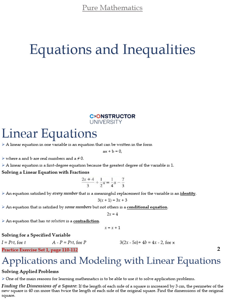 1-Equations and Inequalities-Slides | PDF | Equations | Quadratic Equation