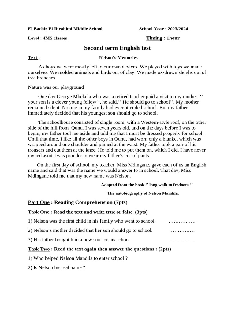 Nelson Mandela School Memories Test | PDF | Linguistics | Grammar