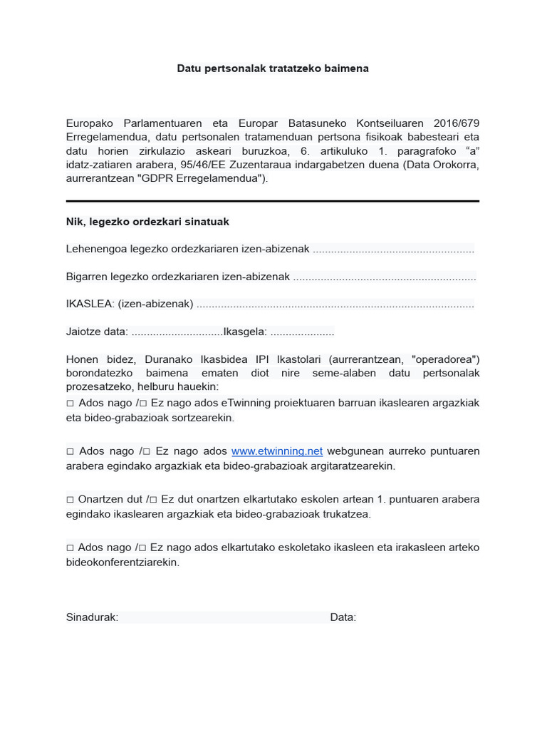 Ikasbidea. Datu Pertsonalak Tratatzeko Baimena - Docx Fitxategiaren ...