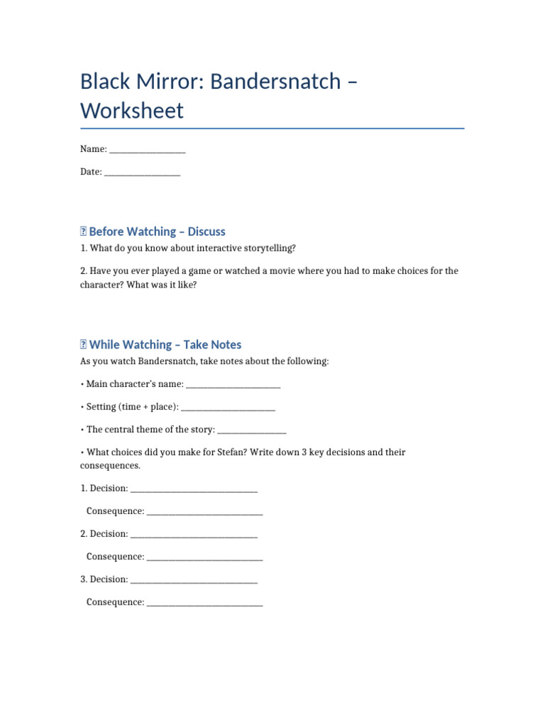 Bandersnatch Interactive Worksheet | PDF