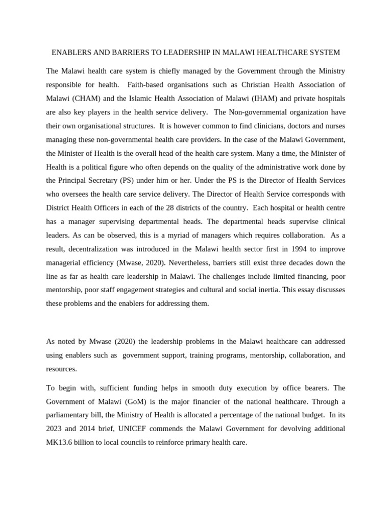 Enablers and Barriers To Leadership in Malawi Healthcare System | PDF | Health Care | Change ...