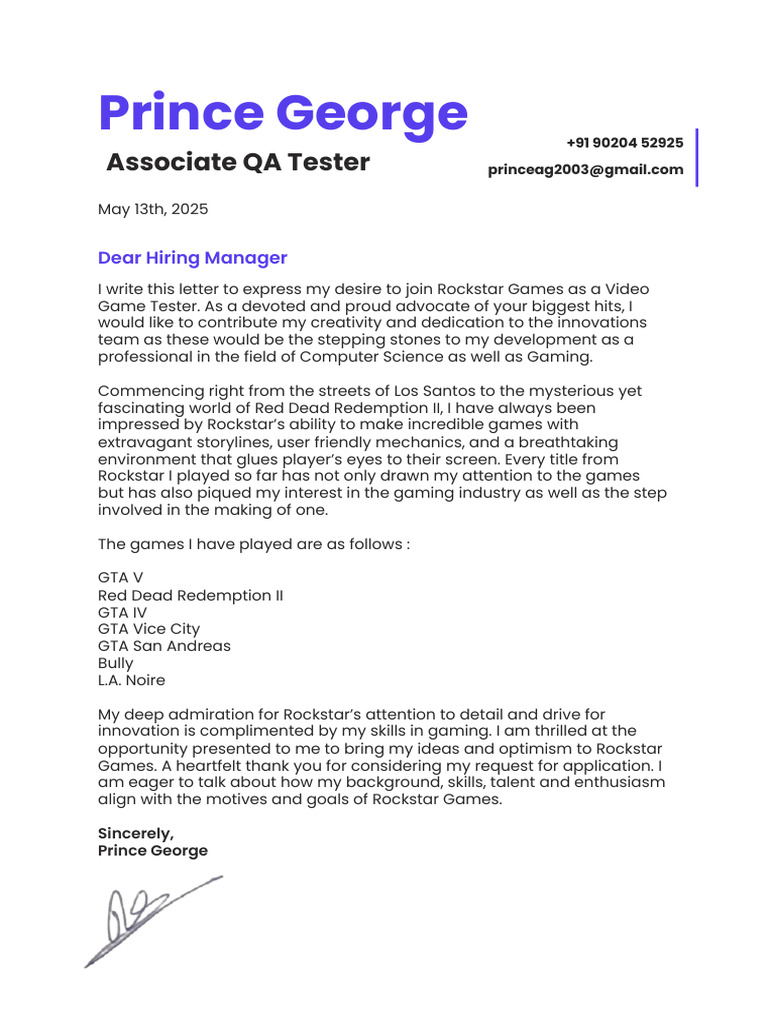 Prince George Rockstar Cover Letter | PDF