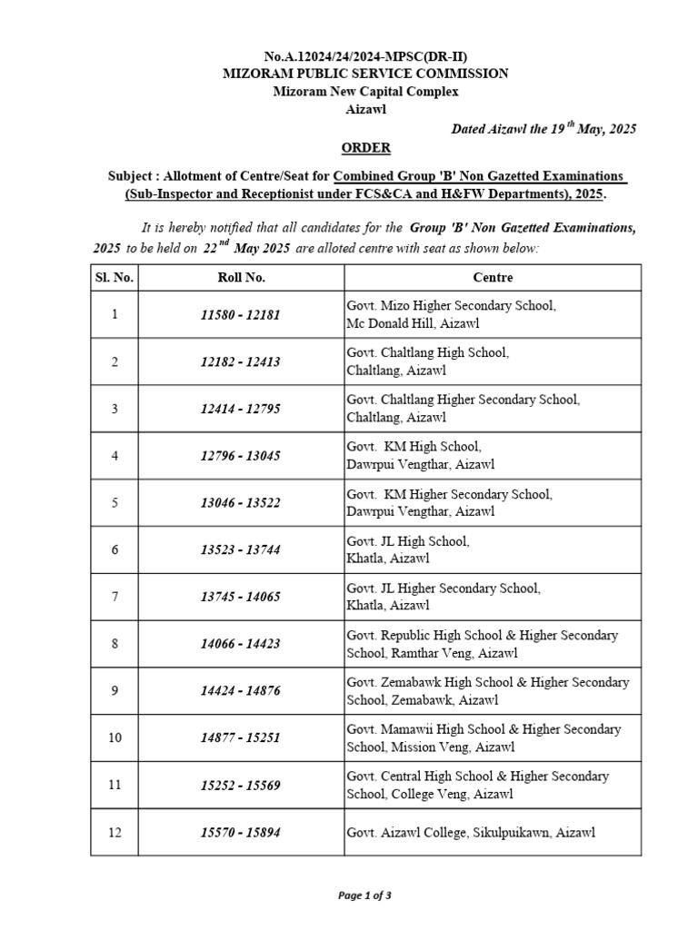 Allotment of Centre For Combined GR B NG Examns Si Receptionist Under ...
