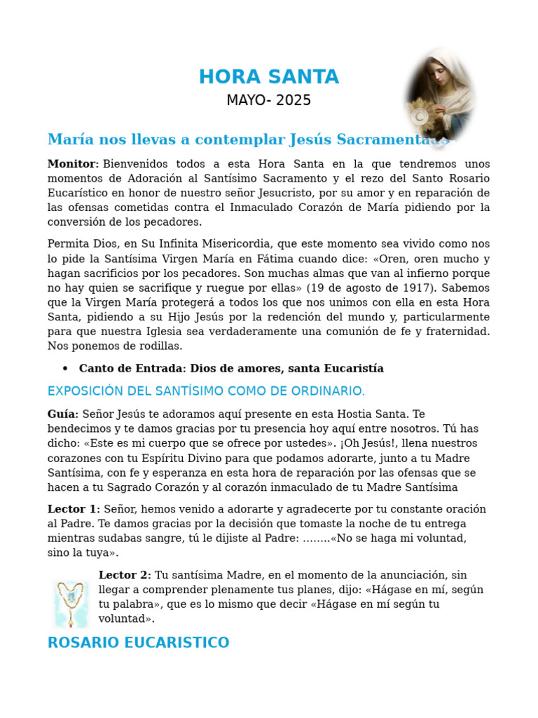 Hora Santa: Adoración y Eucaristía | PDF | eucaristía | María, madre de ...