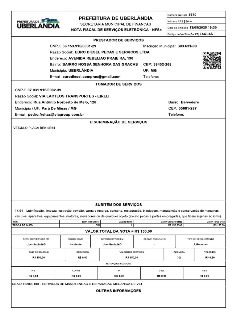 NF de Serviço 5670 Os 50195 | PDF