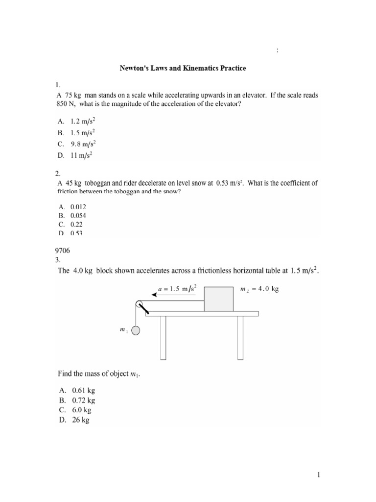 Newton's Laws and Kinematics AP Physics 1 Handout PDF | PDF