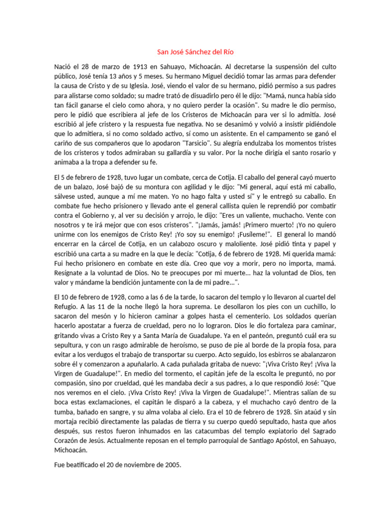 Biografía de San José Sánchez del Río | PDF