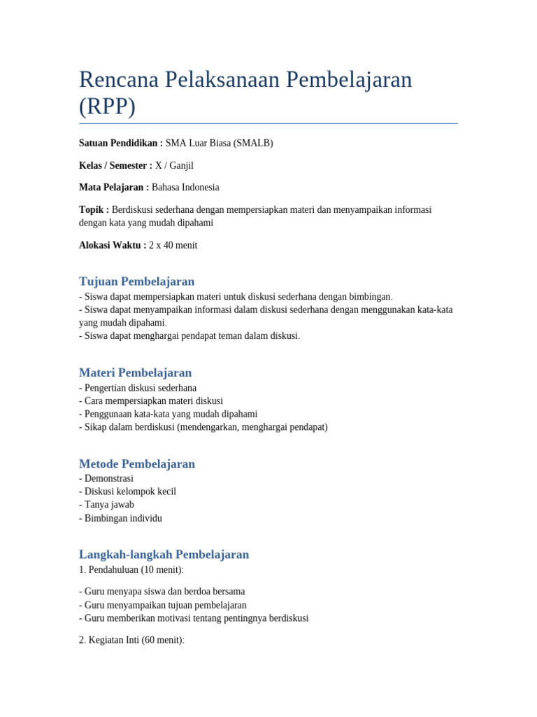 RPP Diskusi Sederhana Kelas X SMALB Tunarungu | PDF