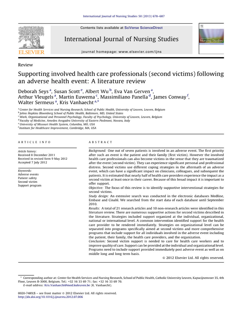 Supporting Involved Health Care Professionals Second Victims Following ...
