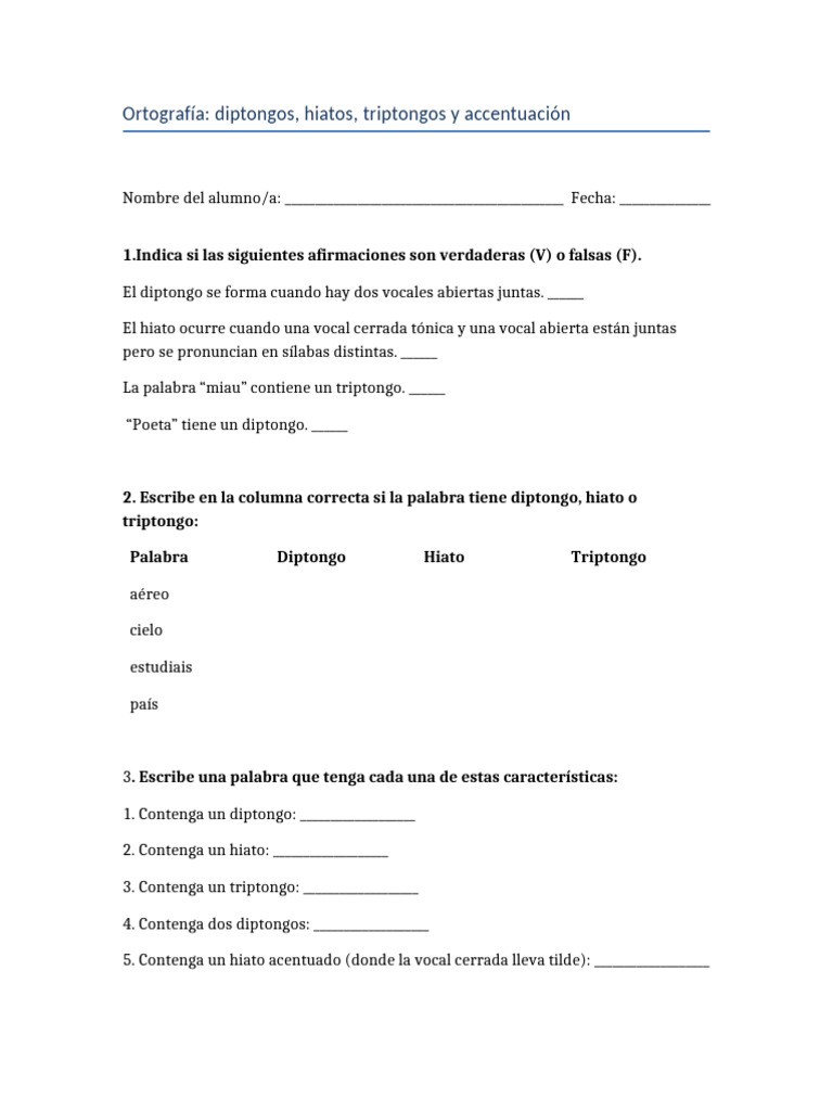 Prueba - Ortografia - Diptongo, Hiato y Triptongo y Accentuación. | PDF | Voz humana | Fonética