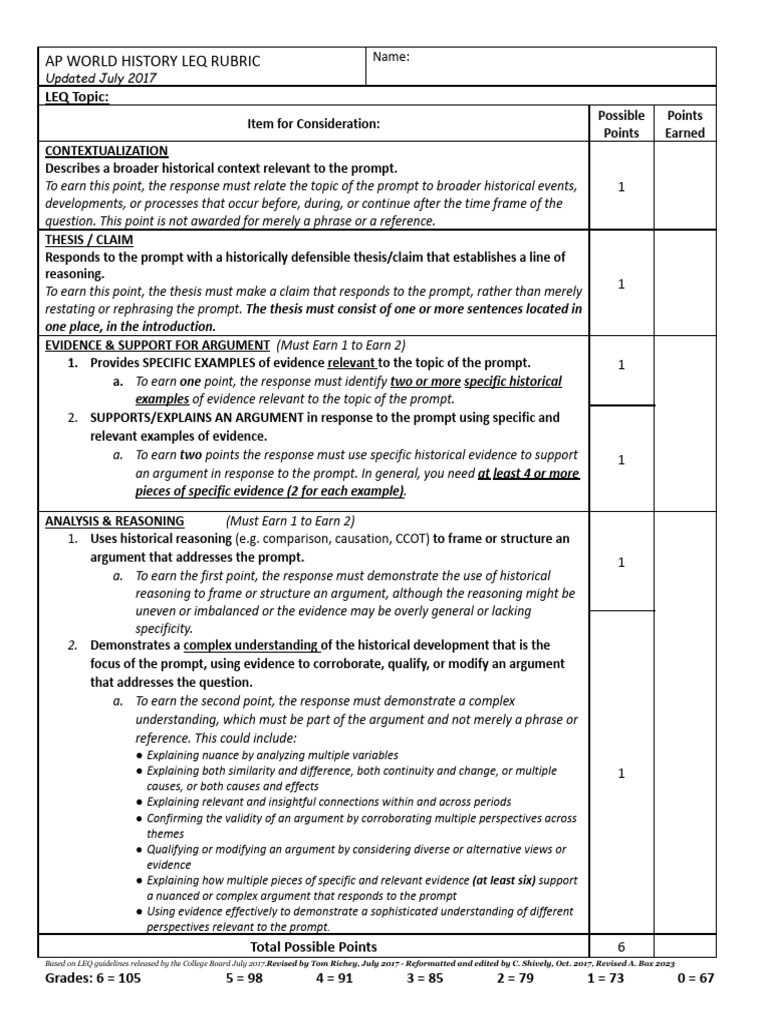 0 - Template LEQ AP WORLD HISTORY 2023 Updated Rubric | PDF | Argument ...