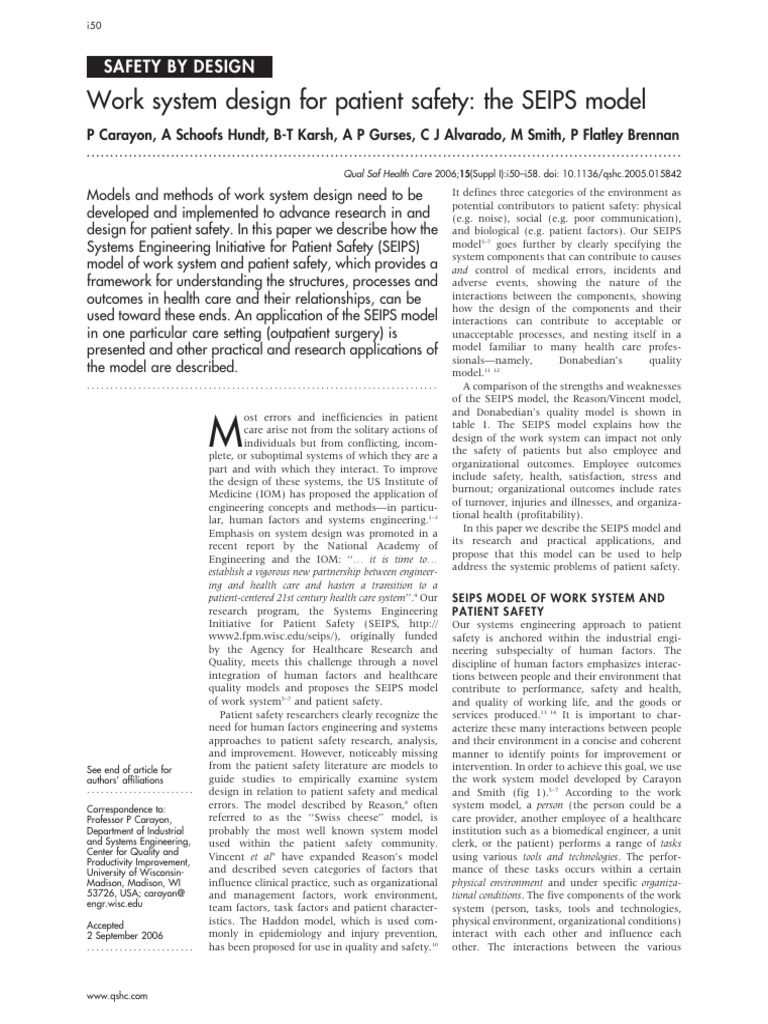 SEIPS Model for Patient Safety Design | PDF | Patient Safety | Nursing