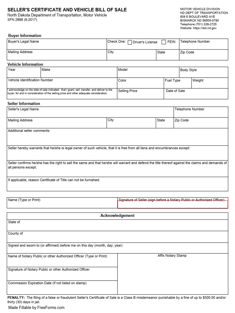 North Dakota Vehicle Bill of Sale SFN 2888 | PDF | Notary Public