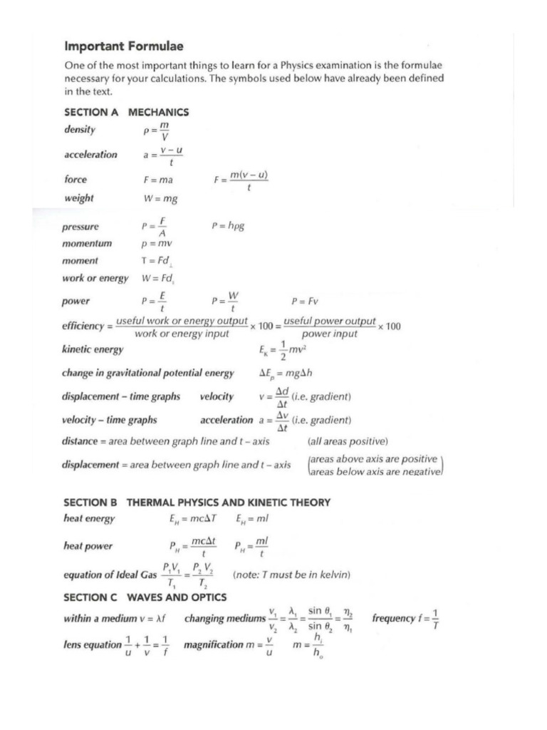 Formula Sheet Physics CXC | PDF