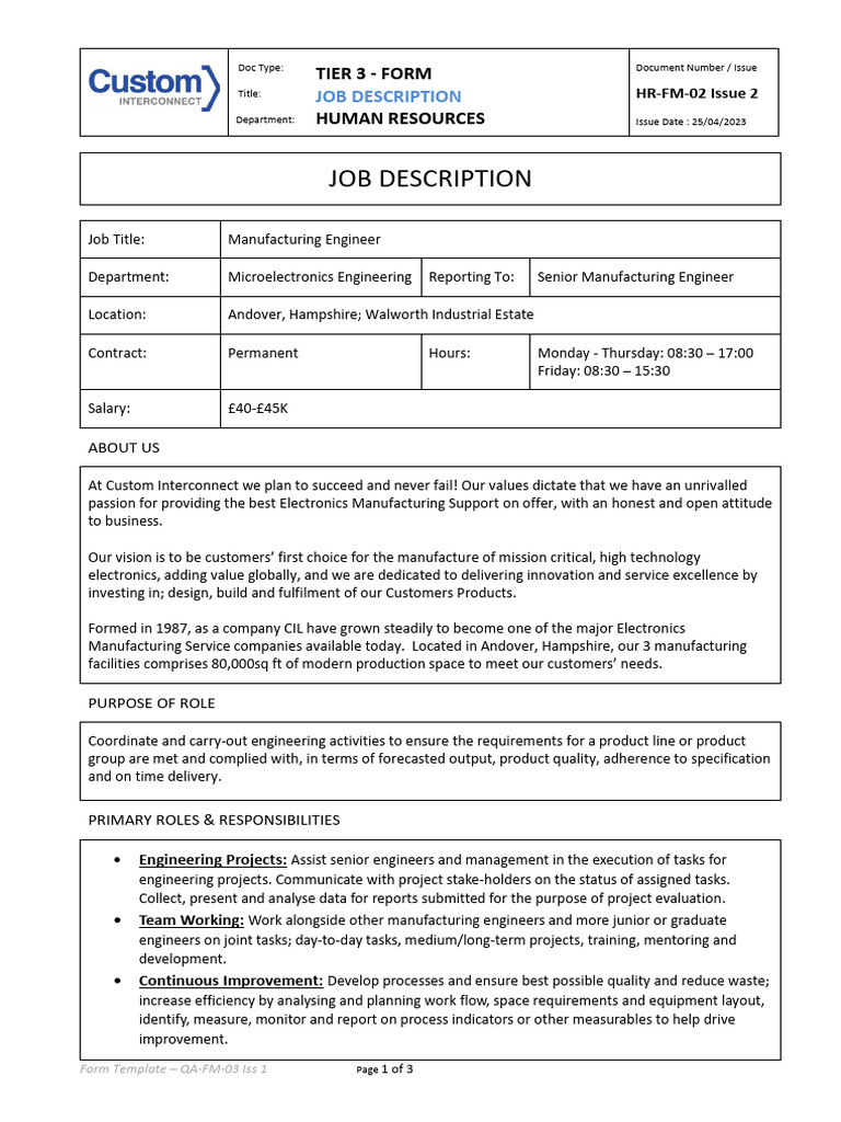 Manufacturing Engineer Job Description | PDF | Business