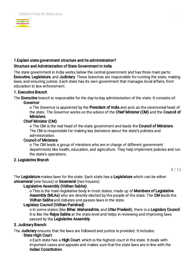 Structure of State Government in India | PDF | Legislature | Government ...