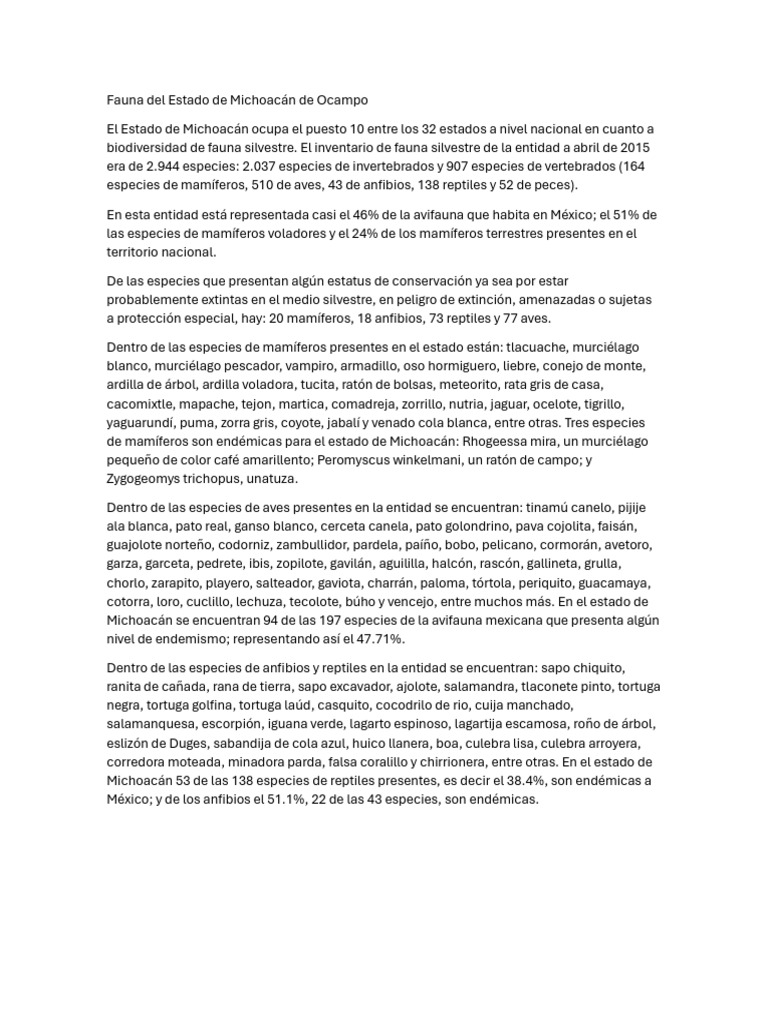 Fauna Diversa de Michoacán | PDF | Mamíferos | Zoología