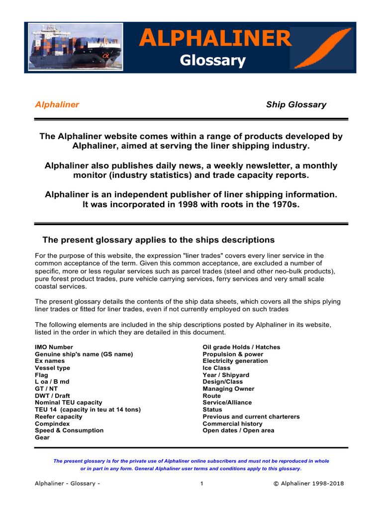 Alphaliner Ship Glossary Overview | PDF | Ships | Cargo