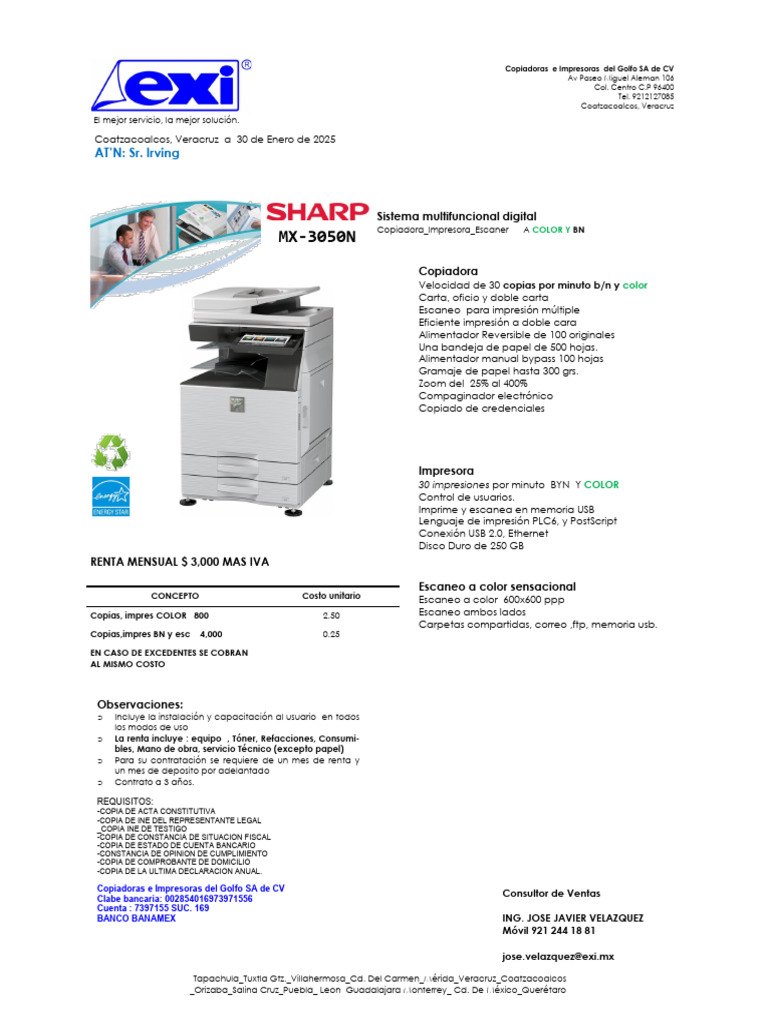 Propuesta Sharp MX-3050N Renta | PDF | Impresora (Computación) | Informática