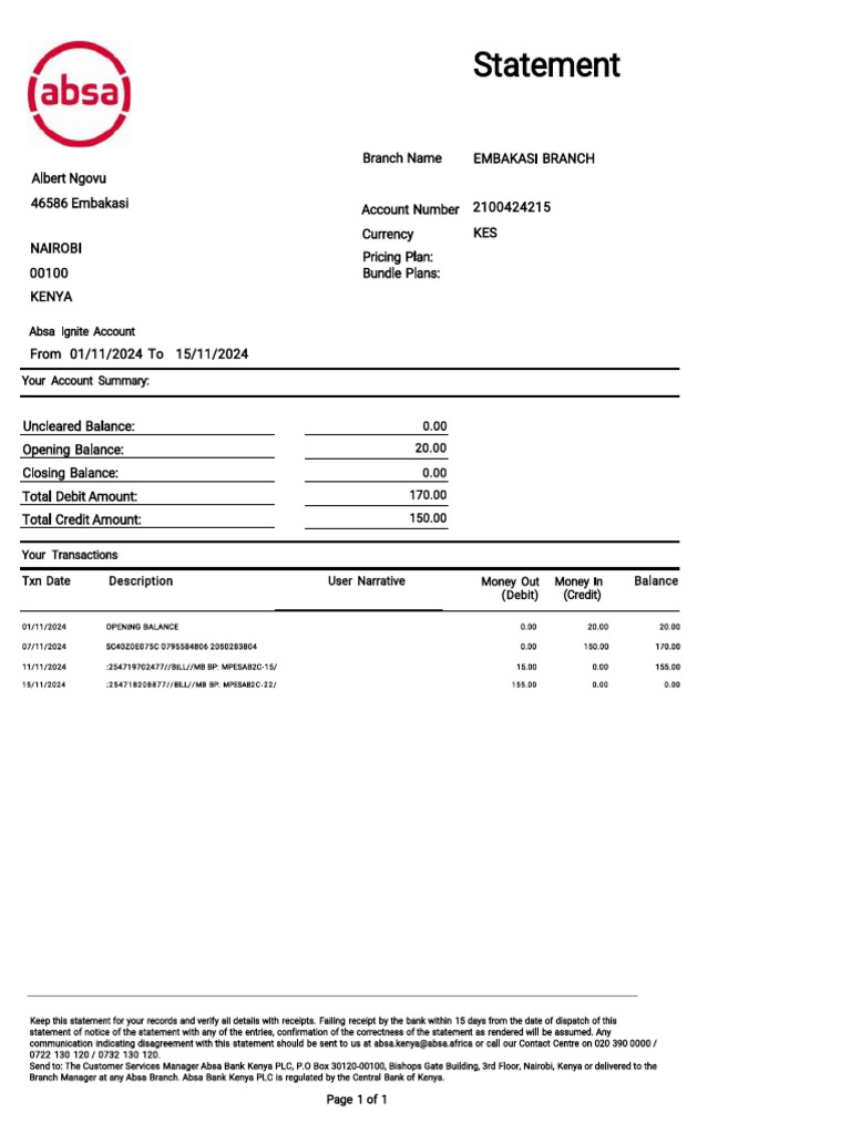 Albert Ngovu Absa Statements | PDF | Debits And Credits | Receipt
