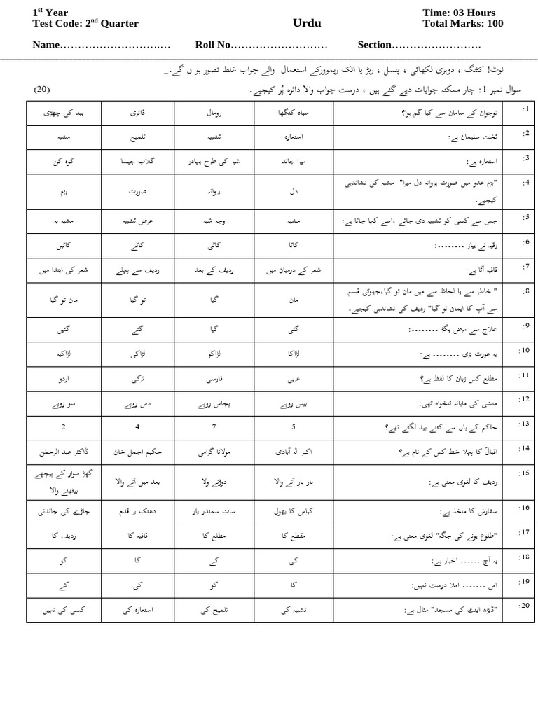 Urdu Test-2nd Quarter 1st Year | PDF