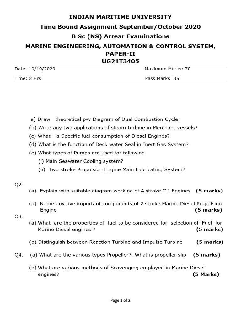 UG21T3405 Marine Engineering Automation and Control System II Sep 2020 | PDF | Marine Propulsion ...