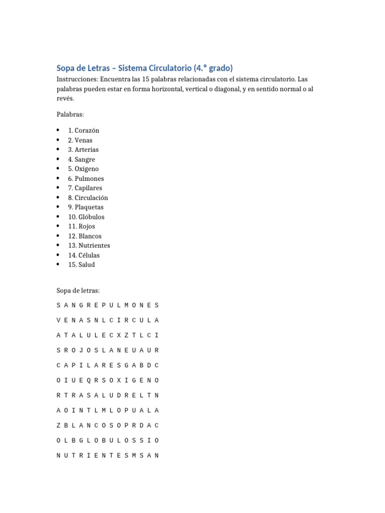 Sopa de Letras: Sistema Circulatorio | PDF