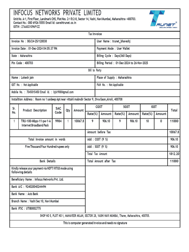 Trunet Bhaveshj BG 24-25 120038 | PDF | Payments