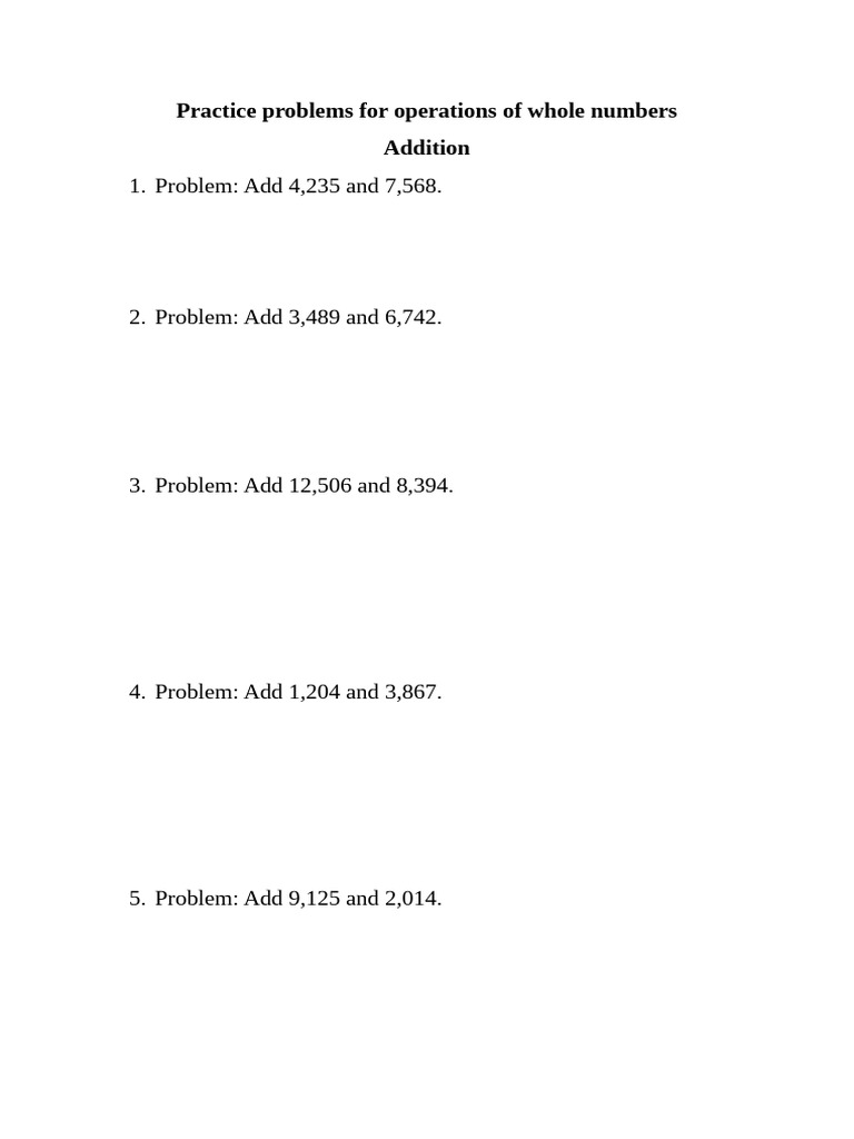 Practice Problems For Operations of Whole Numbers | PDF